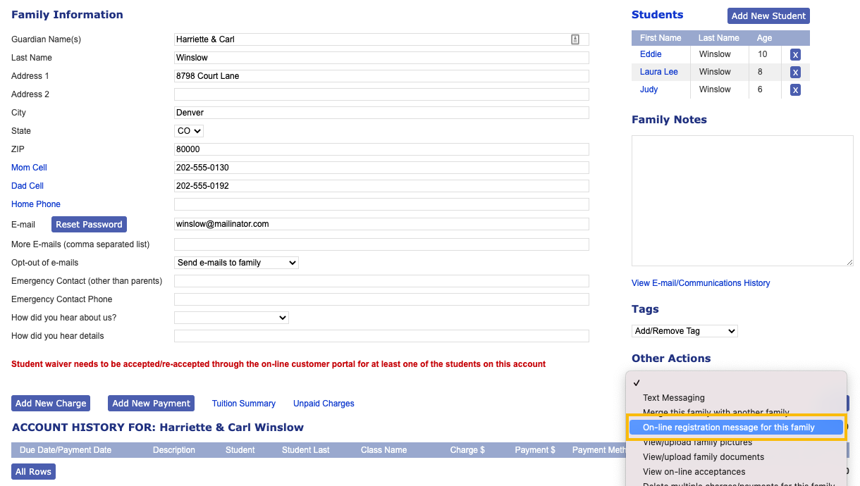 Family-Specific Online Registration Messages