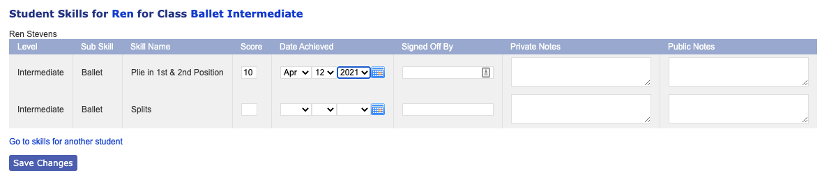 Record Skills for Classes & Students