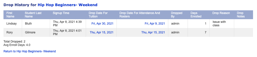View Drop History for a Student or Class